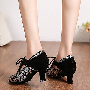 HIPPOSEUS Latin Dance Shoes for Women with Closed Toe Lace up Ballroom Latin Salsa Tango Dance Practice Shoes Low heel 2.75",Black Silver, 5.5 B(M) US