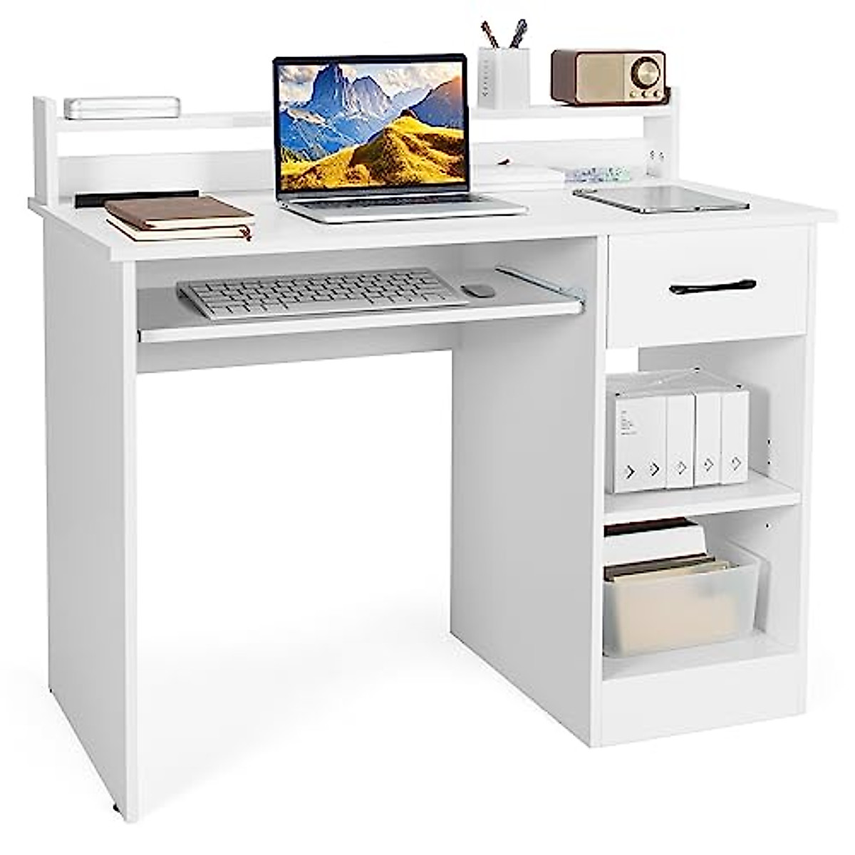 GOFLAME White Computer Desk, Home Office Desk with Large Drawers, Hutch, Keyboard Tray, 5-Position Adjustable Open Shelves, Easy Assembly, Writing Desk for Bedroom, Small Space, Living Room(White)