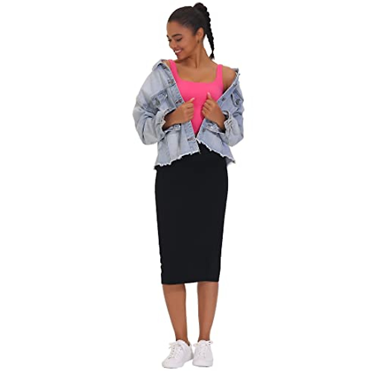 THE GYM PEOPLE Women's High Waist Tummy Control Pencil Skirts Stretchy Bodycon Midi Skirt Below Knee with Back Slit Black