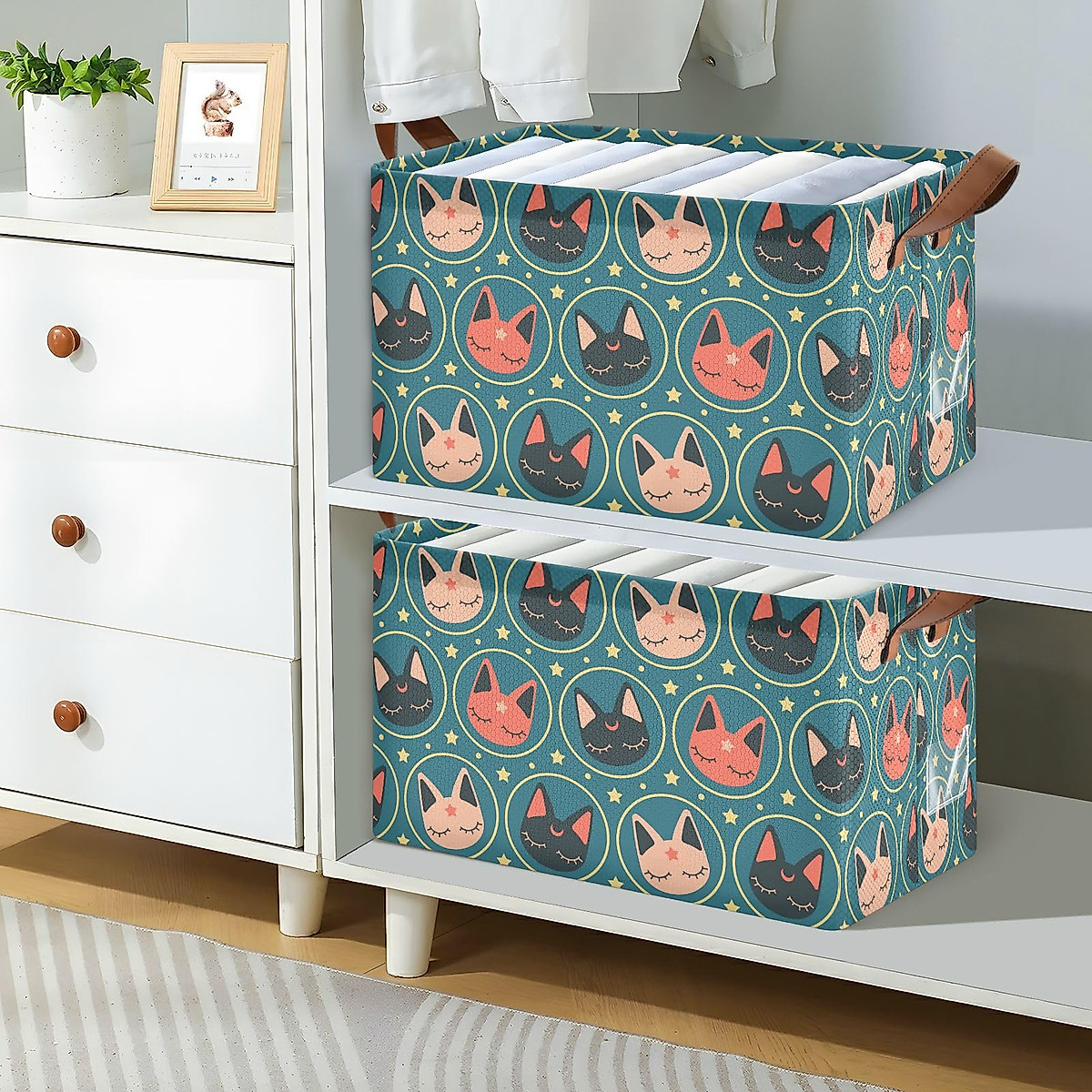 Jinhinox Circle Stars Cats Storage Bins Large Shelf Storage Baskets Boxes Closet Fabric Cube Foldable Storage Bin Organizer for Shelves Organizing Clothes Dorm Home Office Nursery