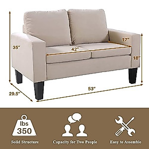 Nathaniel Home Upholstered Loveseat Sofa Couch with Solid Wood Frame and Breathable Linen Microfiber Fabric, for Living Room and Small Apartment, Beige