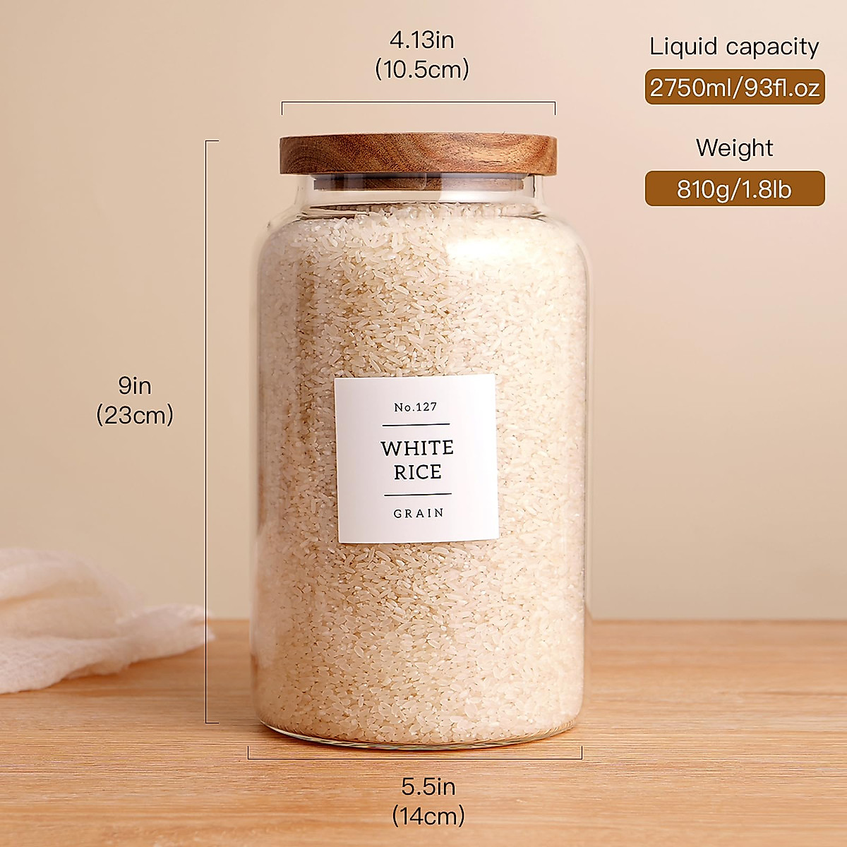 CZHQSMZ Set of 2 Large Glass Jar with Airtight Acacia Lid and 132 Kitchen Pantry Labels, Clear Glass Food Storage Jars Containers for Rice Flour Pasta Sugar Coffee Cookie and More(98 Fl Oz/2800 Ml)