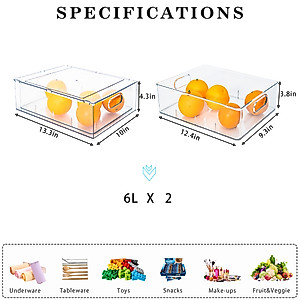 MANO 2Pack Clear Fridge Drawers Pull Out Stackable Refrigerator Drawer Organizer Bins Pantry Storage Box Plastic Food Containers for Kitchen Bathroom Office Closet (X-Large)