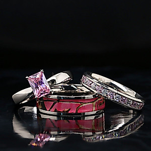3 pieces Pink Women`s Stanless Steel Camo and Sterling Silver Tourmaline Engagement Wedding Rings Set (8)