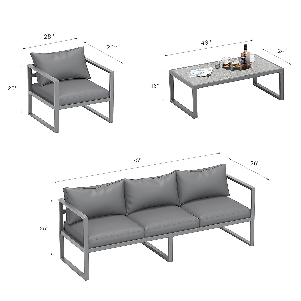 Esplorilo Outdoor Aluminum Metal Patio Furniture Set, 4 Piece Patio Conversation Sectional Sofa Sets with 5 Inch Thick Cushion & Coffee Table, Outdoor Couch Furniture for Patio,Backyard,Grey