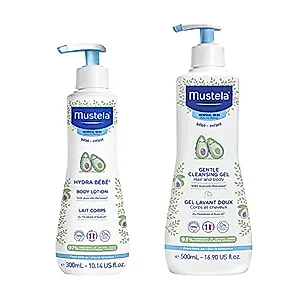 Mustela Baby Bath Time Gift Set - Baby Skin Care Essentials with Natural Avocado - Contains Hydra Bebe Body Lotion 10.14 fl. oz. & Gentle Cleansing Gel 16.9 fl. oz. - 2 Items Set