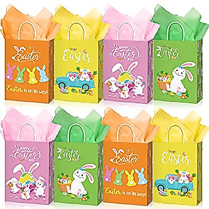 24 Pcs Easter Gift Bags with Handles Tissue Paper for Kids, Bunny Paper Treat Candy Bags Easter Egg Hunts Bags Rabbit Cookie Gift Wrapping Bags Happy Easter Party Favor Seasonal Spring Decor, 4 Colors