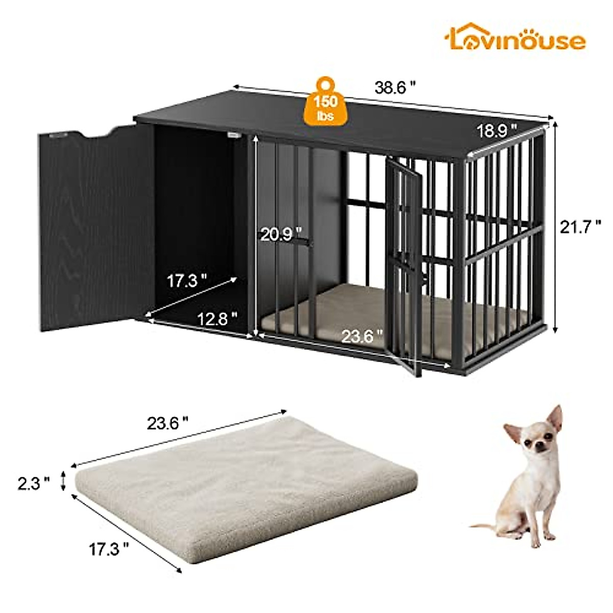 Dog Crate Furniture End Table, Wooden Dog Kennel with Cushion, Decorative Pet Crate House Cage Indoor for Small Medium Dogs, Black