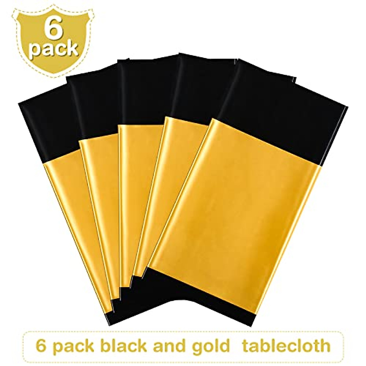 Tablecloth Black Plastic Table Cover Rectangle Disposable Tablecloth Set for Graduation Birthday Wedding Anniversary Picnic Festive Events Party Table Decoration Supplies (Black and Gold, 6)