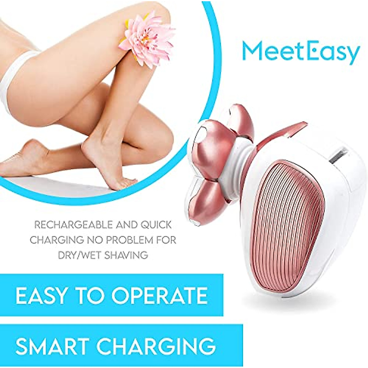 Meeteasy Electric Leg Shaver for Women - Rechargeable Painless Lady Razor for Leg Face Lips Body Underarms Armpit - Female Cordless Bikini Trimmer (Gold)