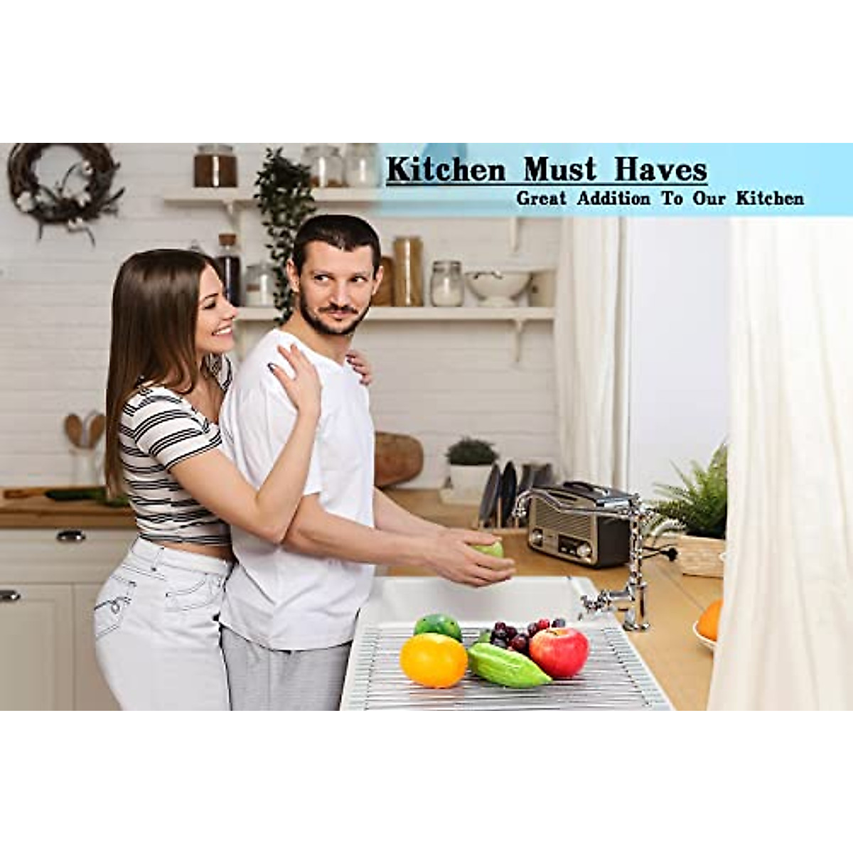 Zeanoch Dish Drying Rack Over The Sink Sink Drying Rack, Adjustable Length, Rolled Up ，Foldable，Saves Space, Fits Most Sinks, Stainless Steel Mat ,Also Great to Use with Kitchen Sink Mats (Black)