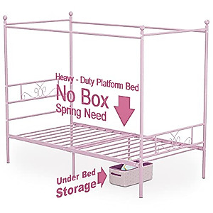 Weehom Metal Canopy Bed Frame Platform Bed 4 Posters Sturdy Steel Mattress Foundation with Headboard and Footboard Box Spring Replacement Easy DIY Assembly Twin,Pink