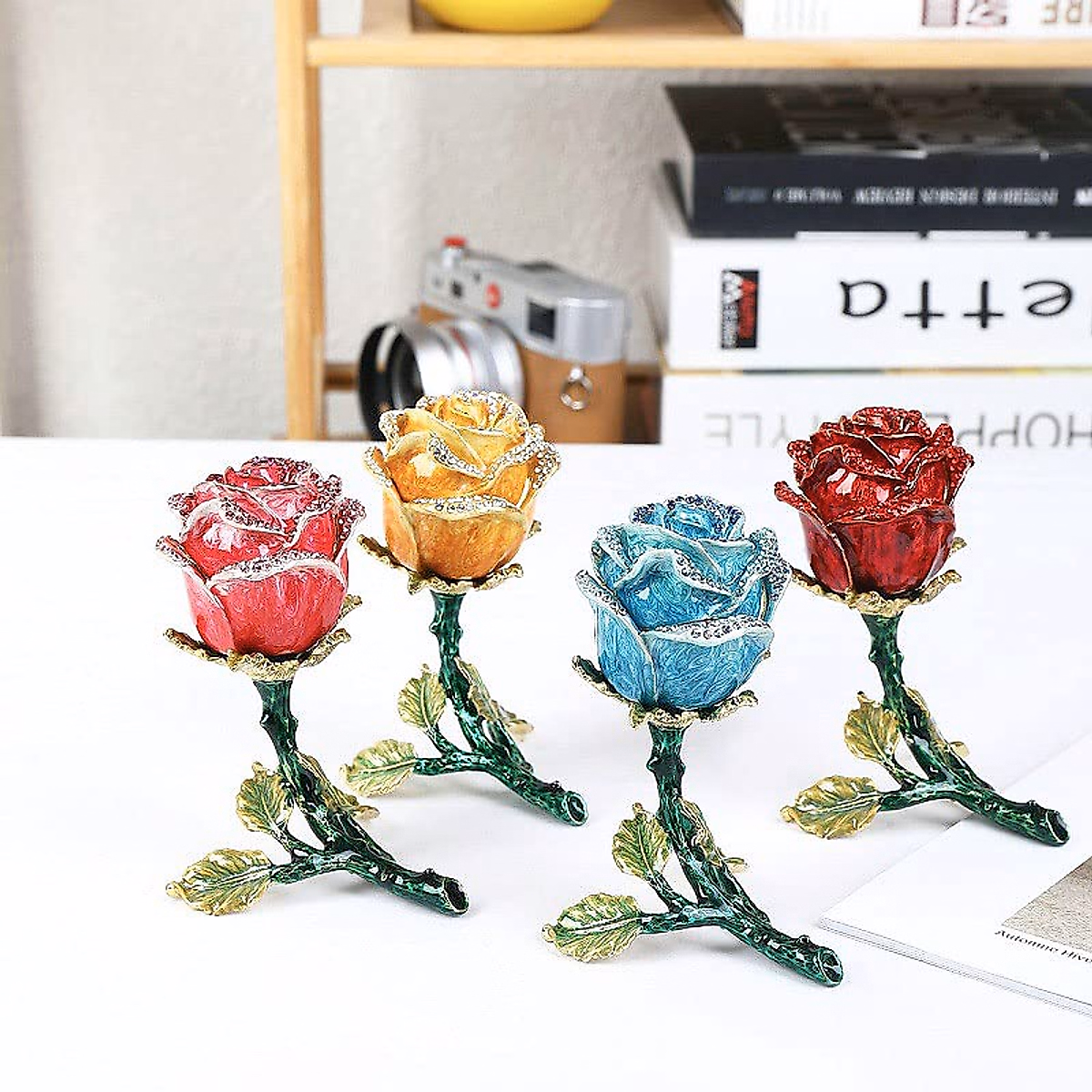 Wowagoga Mini Enamel Rose Hinged Trinket Box Rose Ring Box Small Bling Treasure Box Red Jewelry Box for Proposal Gift Home Décor, Rose Series,Blue