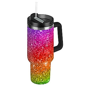 Yasala Car Tumbler with Handle Rainbow Glitter Shine Travel Mug Coffee Cup Insulated Beverage Container Mega Cup for Hot Cold Drinking Thermos Water Bottle Cupholder Friendly 40 oz