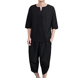 Mens 2 Pieces Big and Tall Summer Cotton Linen Set Short Sleeve Henley Shirt and Casual 3/4 Shorts Yoga Outfits with Pockets Black