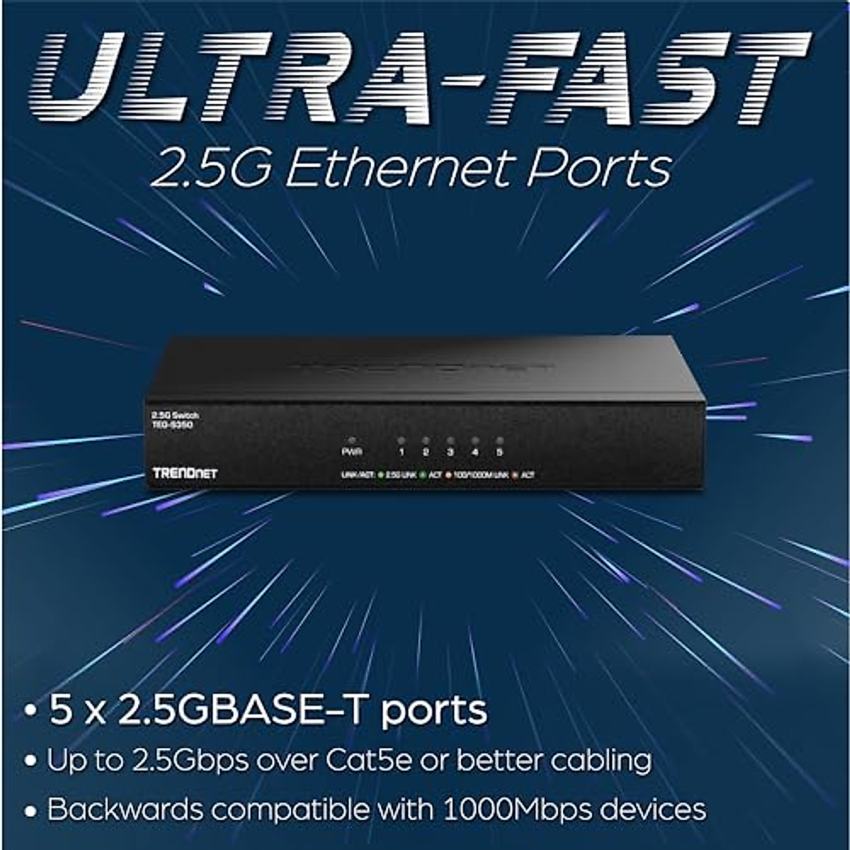TRENDnet 5-Port Unmanaged 2.5G Gaming Switch, 5 x 2.5GBASE-T Ports, 25Gbps Switching Capacity, Backwards Compatible with 1000Mbps Devices, Fanless, Wall Mountable, Lifetime Protection, Black,TEG-S350