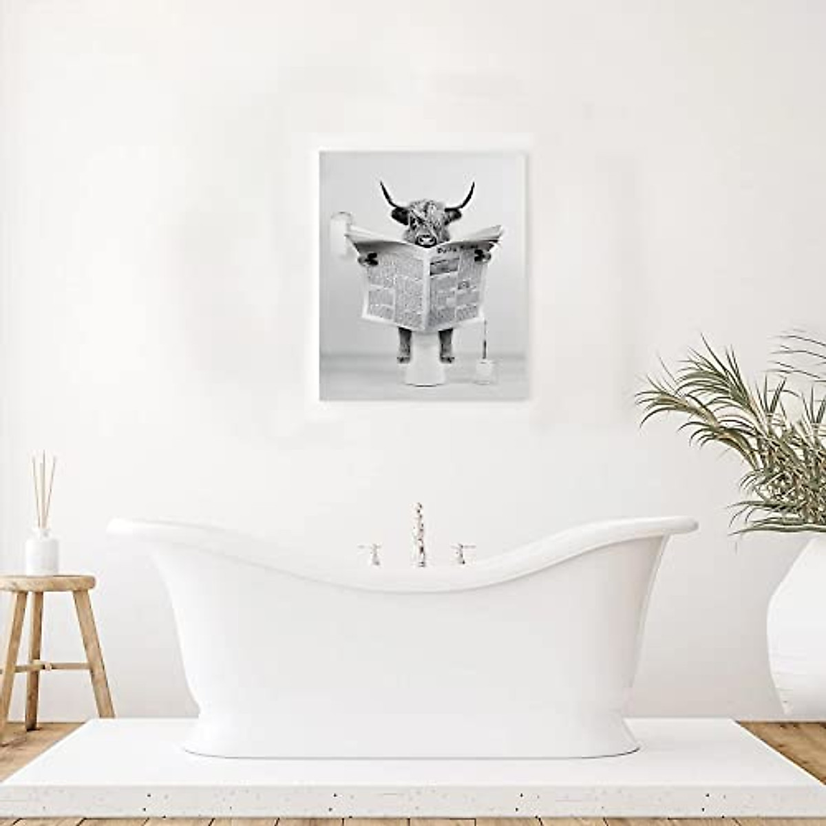 Funny Highland Cow Wall Art in Bathtub, Black and White Canvas Cow In Bathroom Picture, Humor Animals Bathroom Artwork Prints Rustic Farmhouse Style Wall Decor Ready To Hang for Living Room, Bathroom, Bedroom, Kids Bathroom Decor (12"x16", Framed)