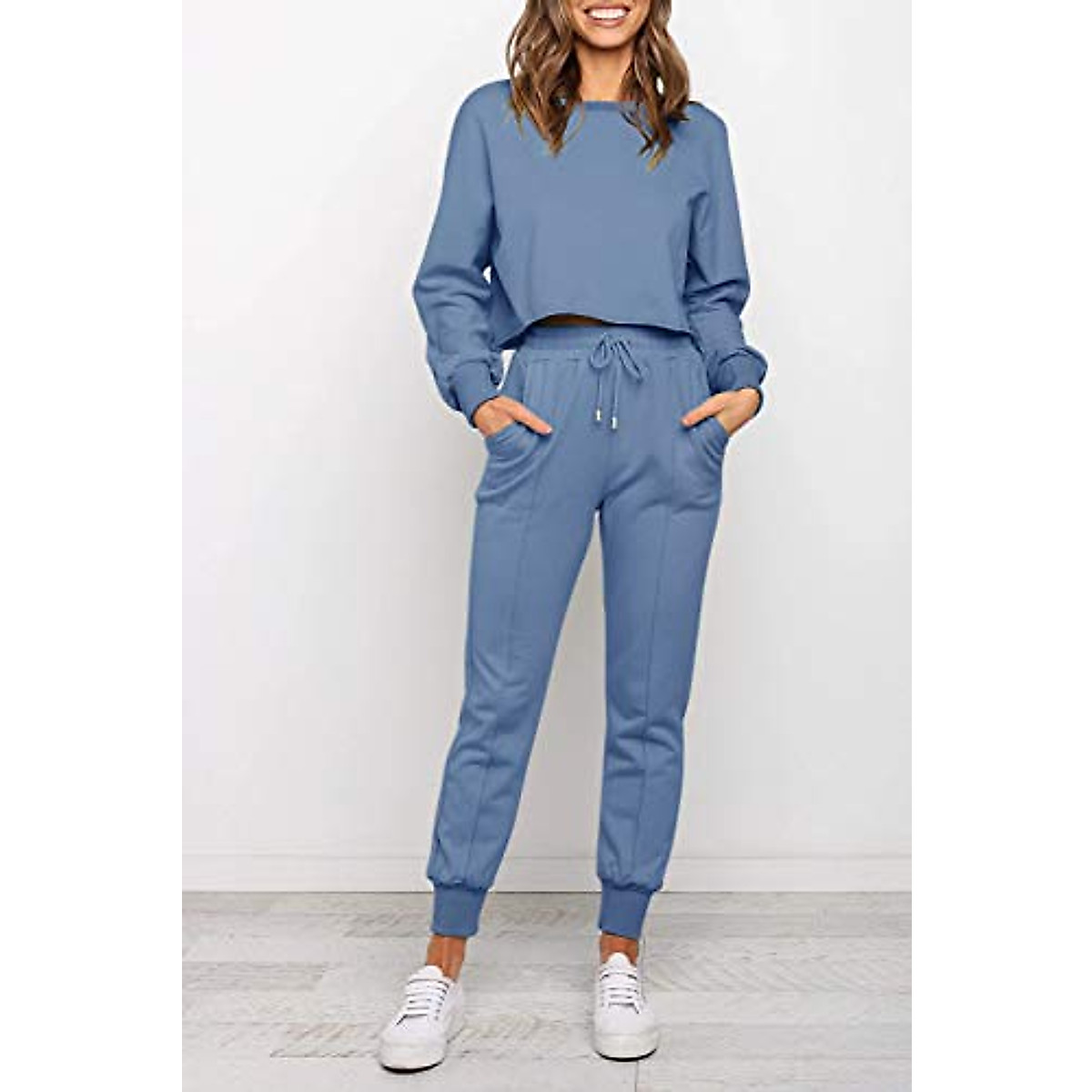 ZESICA Women's Long Sleeve Crop Top and Pants Pajama Sets 2 Piece Jogger Long Sleepwear Loungewear Pjs Sets,Blue,Large