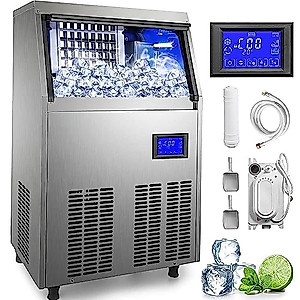 Commercial Ice Maker Machine with 33LB Bin, Electric Water Drain Pump, Water Filter, Scoops, Connection Hose - Makes 90-100LBS/24H - Stainless Steel Under Counter Ice Machine for Home Bar
