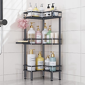 Verdenu Corner Shower Caddy, 3 Tier Standing Shower Caddy for Shampoo Storage with Soap Holder, Stainless Steel Corner Shelf with 4 Hooks, Bathroom Organizers and Storage for Shower Organizer