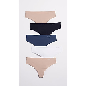 Calvin Klein Women's Invisibles Seamless Thong Panties, 5 Pack, Black/Speakeasy/White Light Caramel, Large
