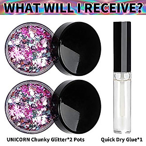 Unicorn Iridescent Holographic Chunky Glitter Cosmetic Body Hair Face Eye Nail for Festival Carnival Concert Party Beauty Rave Accessories Different Shapes 2 Pots 14g/0.5oz+ Quick Dry Primer Glue Gel