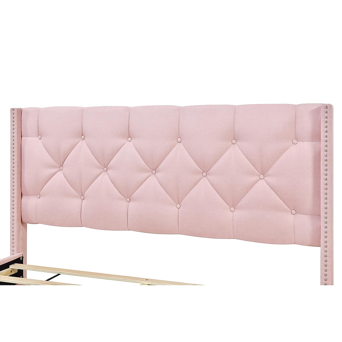 Upholstered Queen Size Platform Bed with 2 Drawer,Linen Fabric Solid Wood Bed Frame with Tufted Nail Head Board. Suitable for Children and Teenagers (Pink#1^)