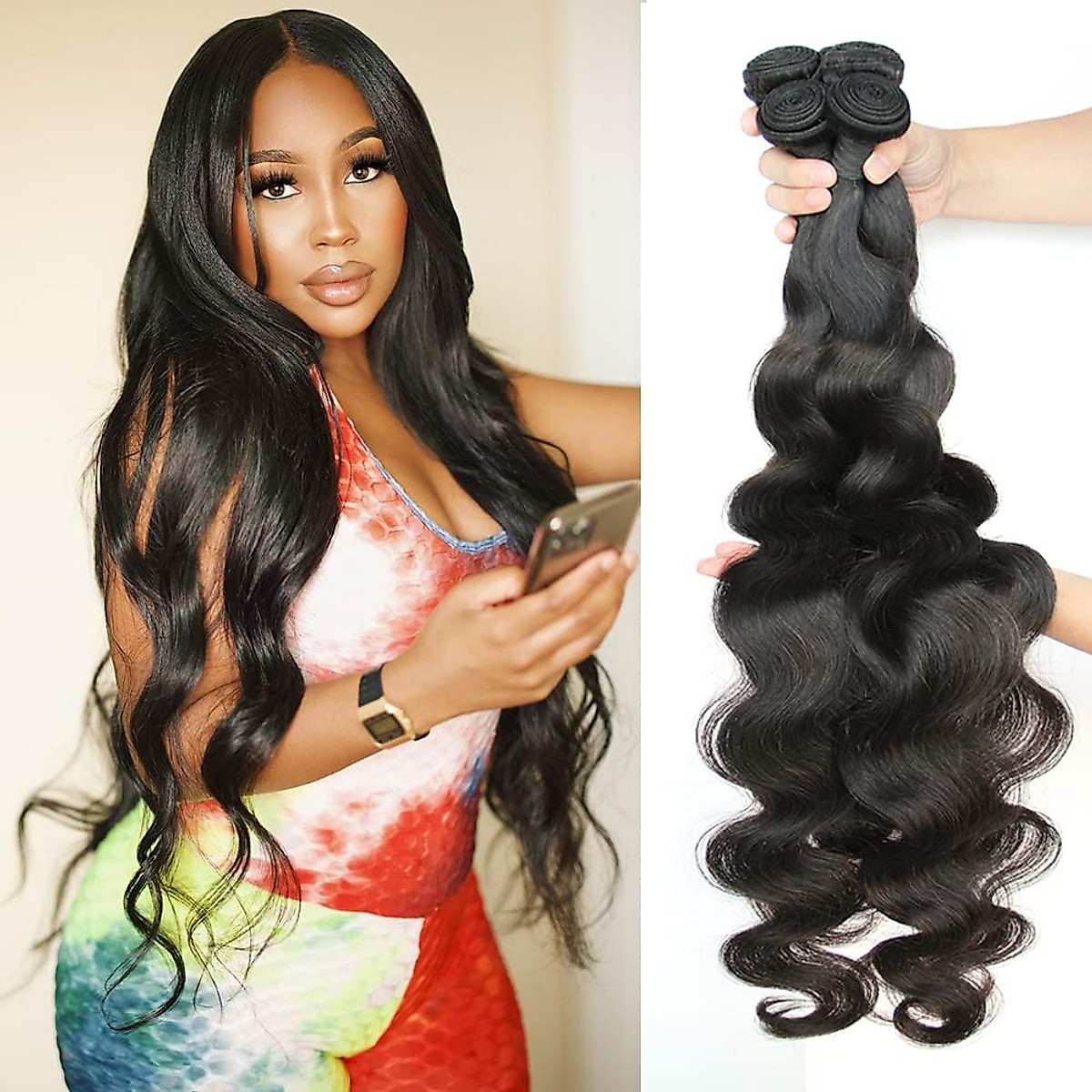 Brazilian Body Wave 4 Bundles (20 22 24 26 Inch) 100% Unprocessed Human Hair Weave Bundles 10A Grade Full Remy Hair Weft for Black Women Natural Color