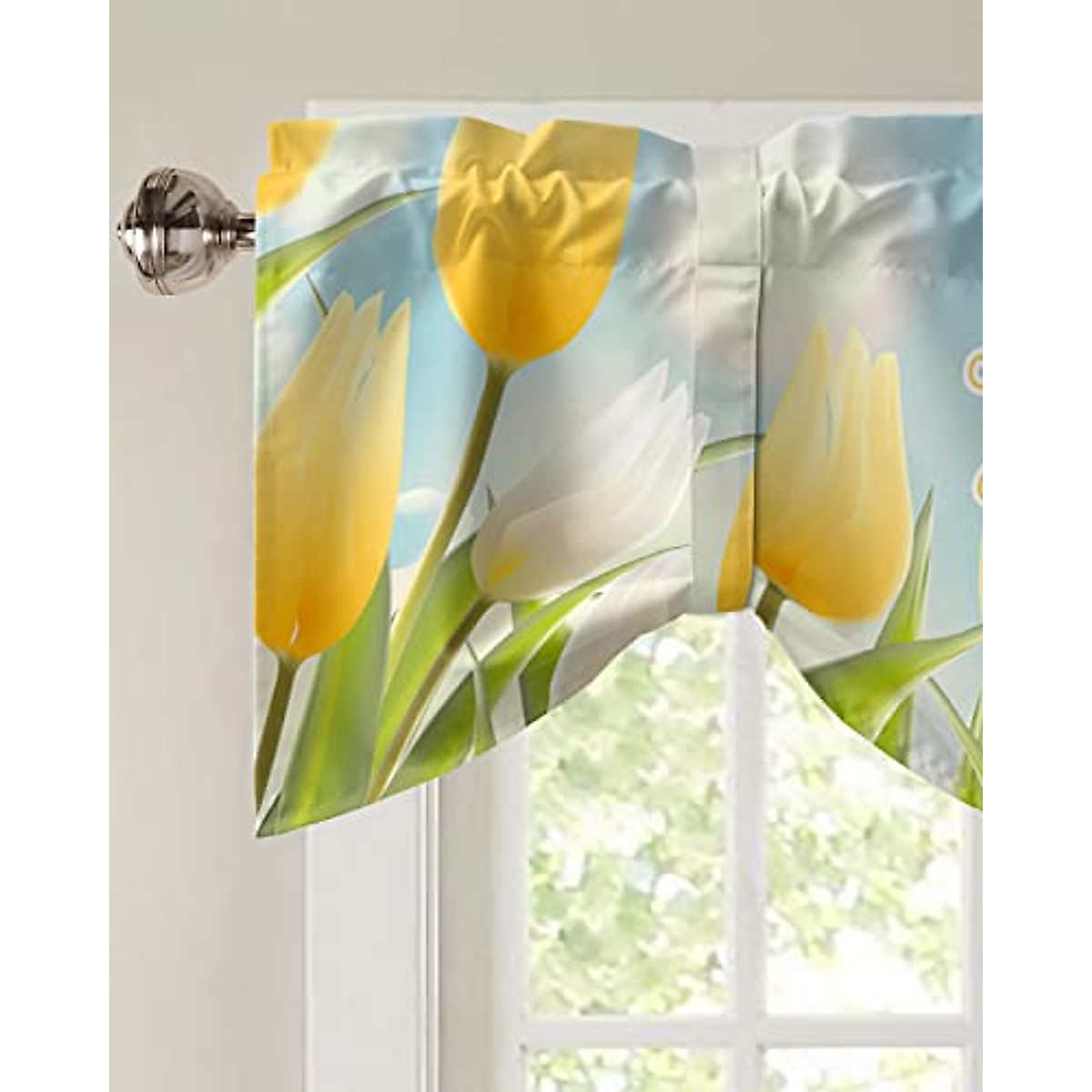 Sabolny Tulip Floral Tie Up Valance Curtain for Kitchen Living Room Bedroom Bathroom Cafe, Rod Pocket Small Short Window Drape Panel Adjustable Drapary Print, Spring Gold White Flower Bow 60"x18"