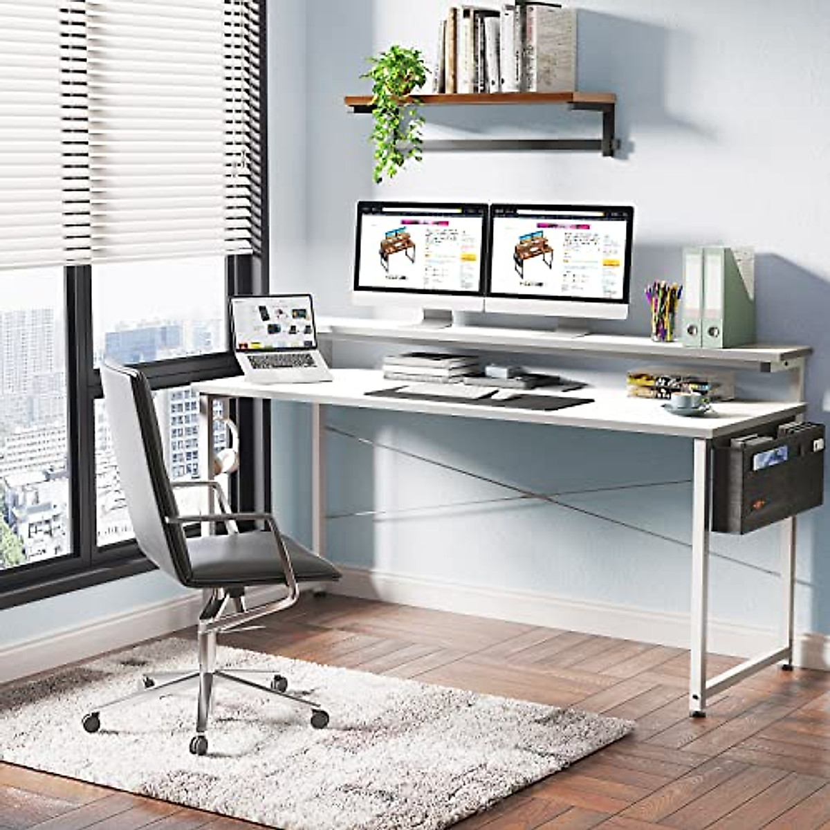 ODK Computer Desk with Adjustable Monitor Shelves, 63 inch Home Office Desk with Monitor Stand, Writing Desk, Study Workstation with 3 Heights (10cm, 13cm, 16cm), White + White Leg