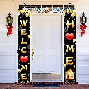 Welcome Home Door Banner Decoration, Black Gold Welcome Back Home Porch Banner for Outdoor Decor, Military Homecoming Deployment Returning Party Supplies