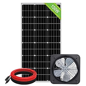 100W Solar Panel + 25W Solar Fan, Powerful Ventilation Fan Kit Solar Powered Roof Vent, 14" DC Fan up to 1200CFM Large Flow, Plug & Play for chicken kennel stable