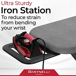Bartnelli Ironing Board Made in Europe | Iron Board with 4 Layered Cover & Pad, Height Adjustable up to 36" Features A Safety Iron Rest, 4 Steel Legs, for Home Laundry Room or Dorm Use (43x14)