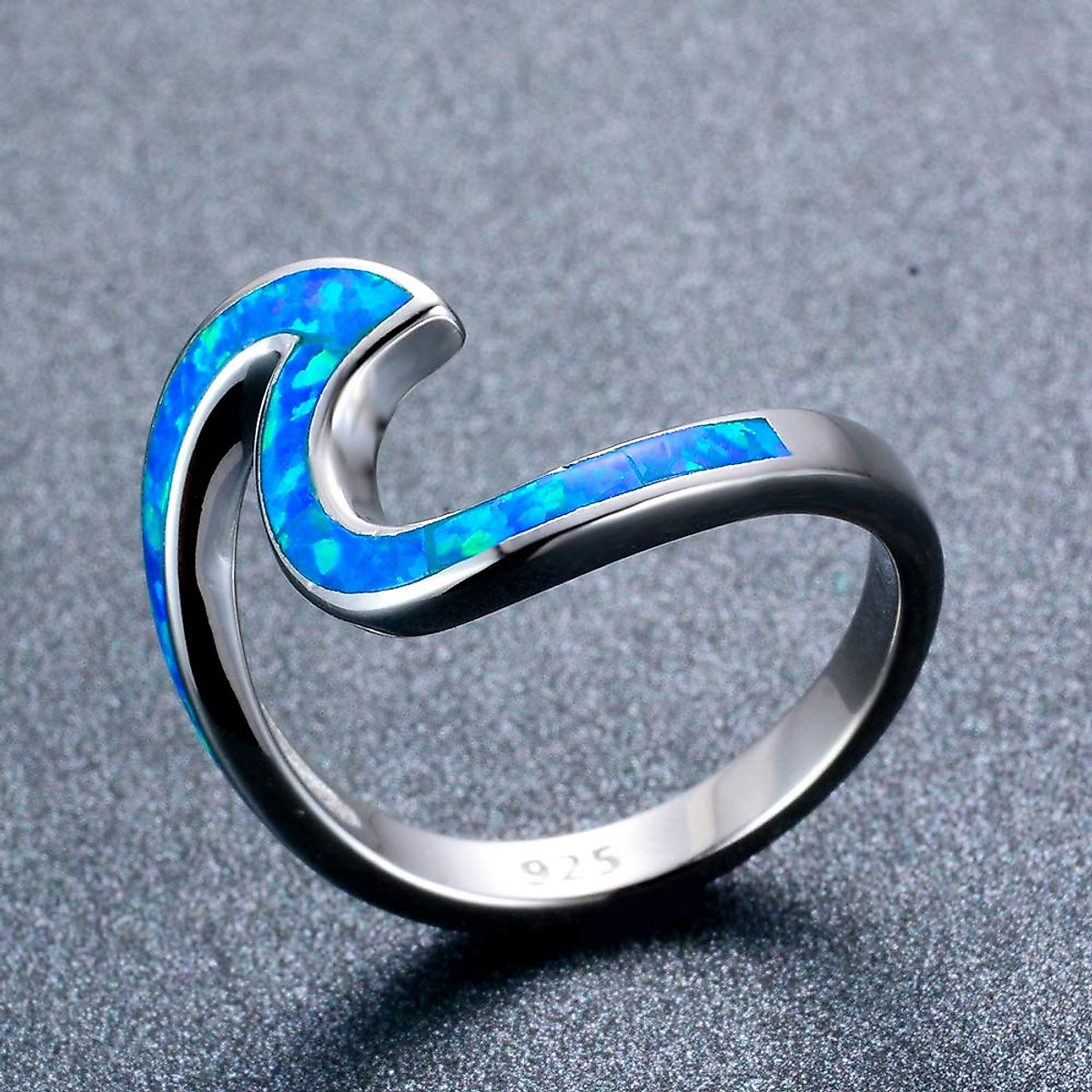 Blaike Blue Opal Wave Ring, 925 Sterling Silver Wave Ring Blue for Women Size 5/6/7/8/9/10
