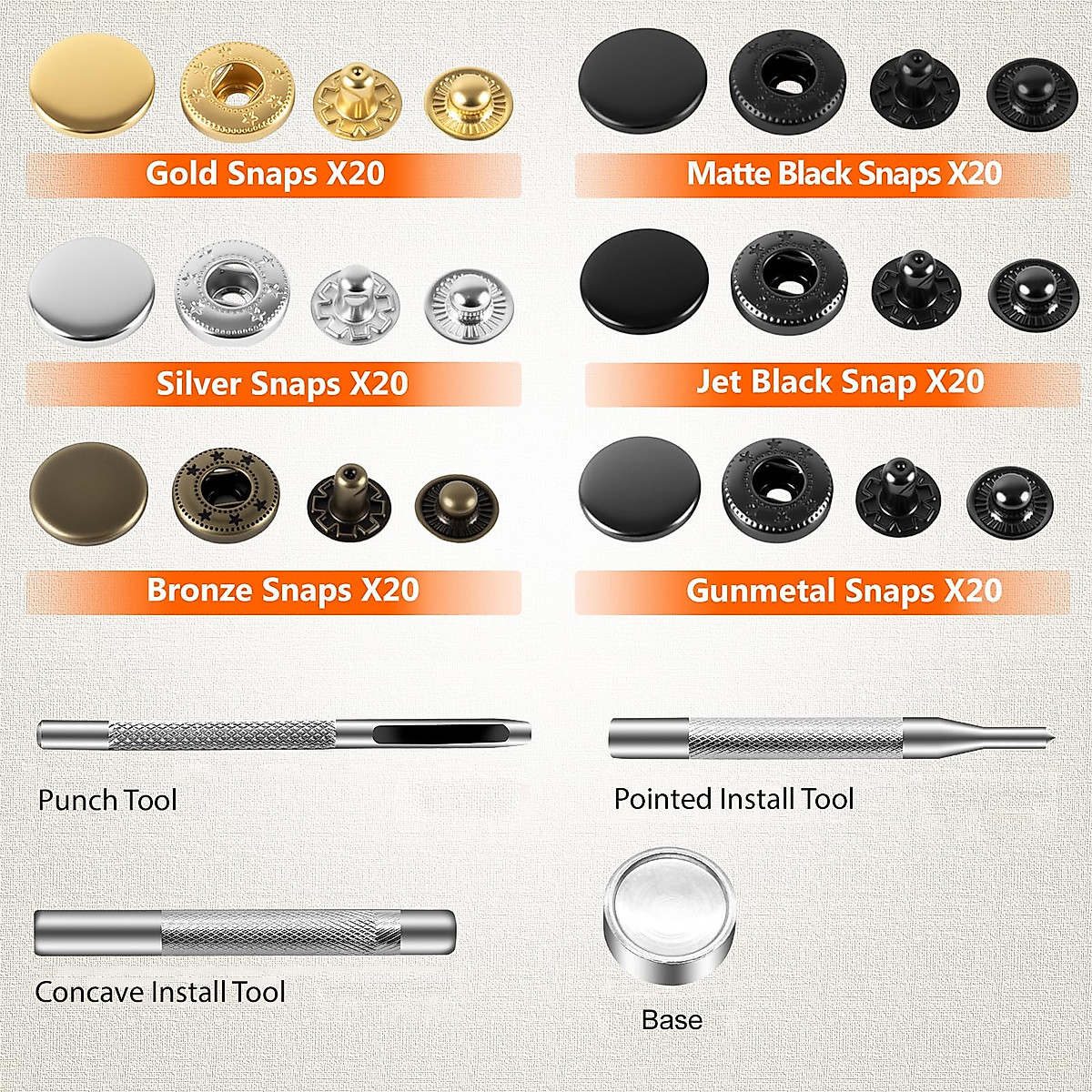 Alritz 120 Set Leather Snap Fasteners Kit, 12.5mm Metal Button Snaps Press Studs with 4 Setter Tools, 6 Color Leather Snaps for Clothes, Jackets, Jeans Wears, Bracelets, Bags (12.5mm)