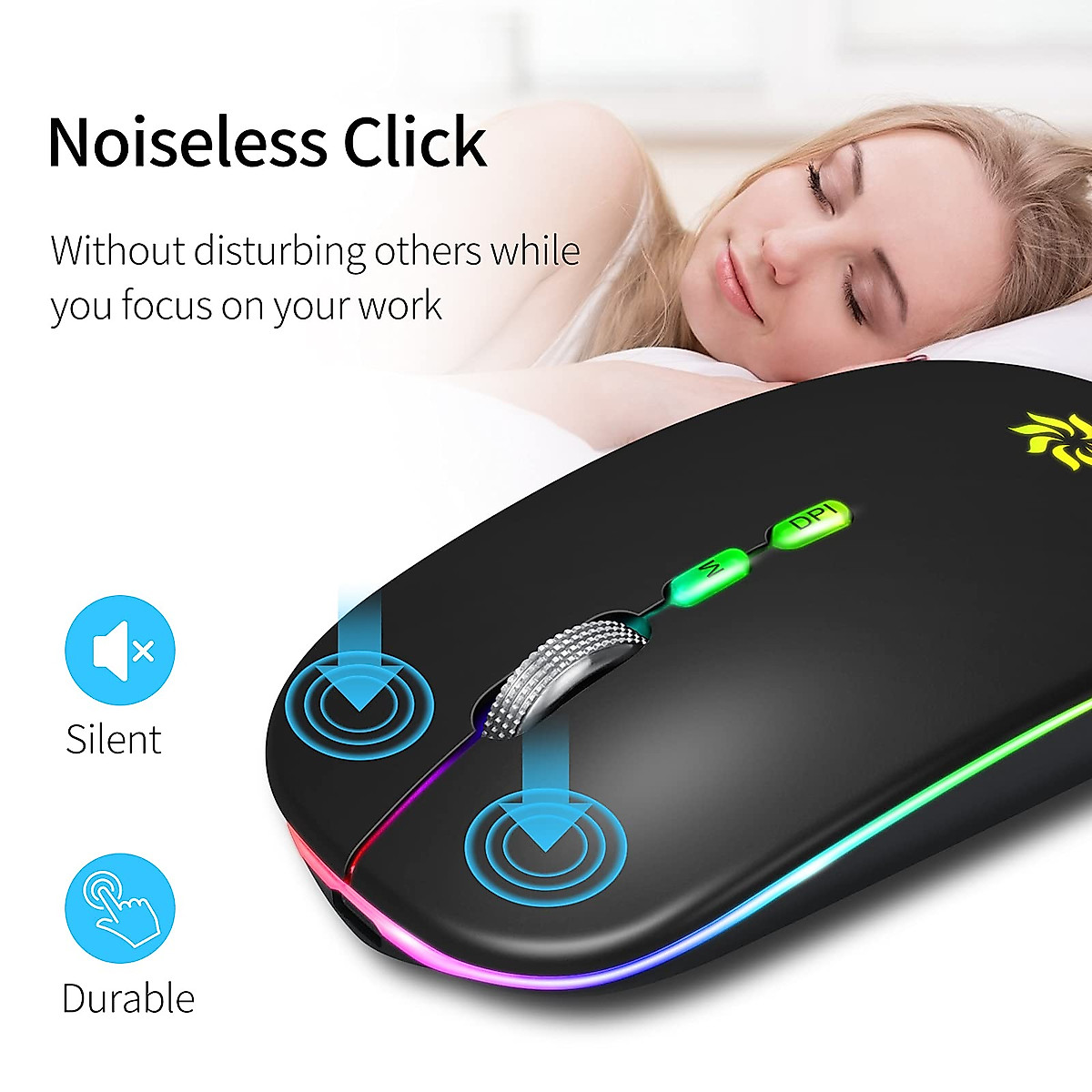 KBCASE LED Wireless Mouse Slim Silent Mouse 2.4G Rechargeable Wireless Computer Mouse Wireless Mouse for Laptop, MacBook, iPad, Chromebook, with USB & Type-c Receiver