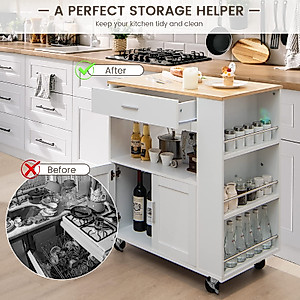 Giantex Kitchen Island on Wheels, Rolling Trolley Cart with 3 Spice Racks, 2-Door Cabinet, Storage Drawer, Open Shelf, Kitchen Serving Cart for Dining Room Bar (White)