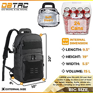 DBTAC Tactical Lunch Backpack, Large Lunch Cooler for Men Women Adult | Backpack Coolers insulated Leak Proof for Work Picnic Travel w/ Soft Easy-Clean Liner x2 (Black, 24-Cans)