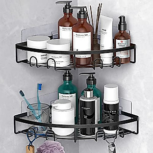 Kerisgo Corner Shower Caddy, 2 Pack Adhesive Bathroom Shower Corner Organizer Shelf, No Drilling Rustproof Wall Mounted Shower Storage Rack Shampoo Holder Organizer (Black)