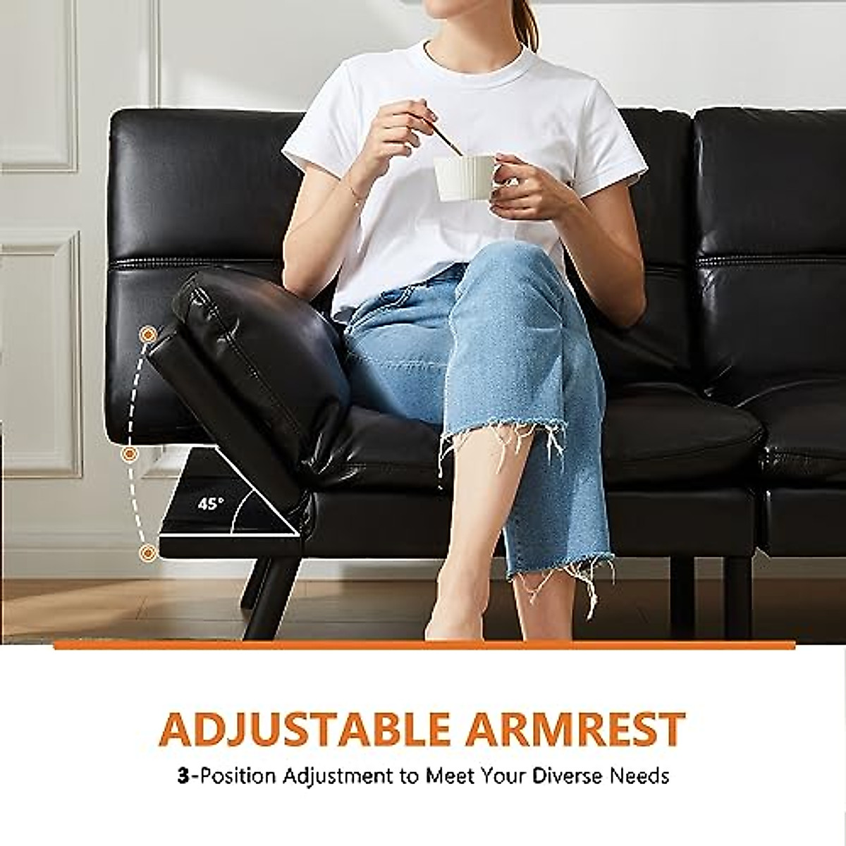 Sweetcrispy Comfortable Futon Sofa Bed, Convertible Adjustable Sofa Bed Couch, Memory Foam Loveseat for Efficient Home and Office Use, Black