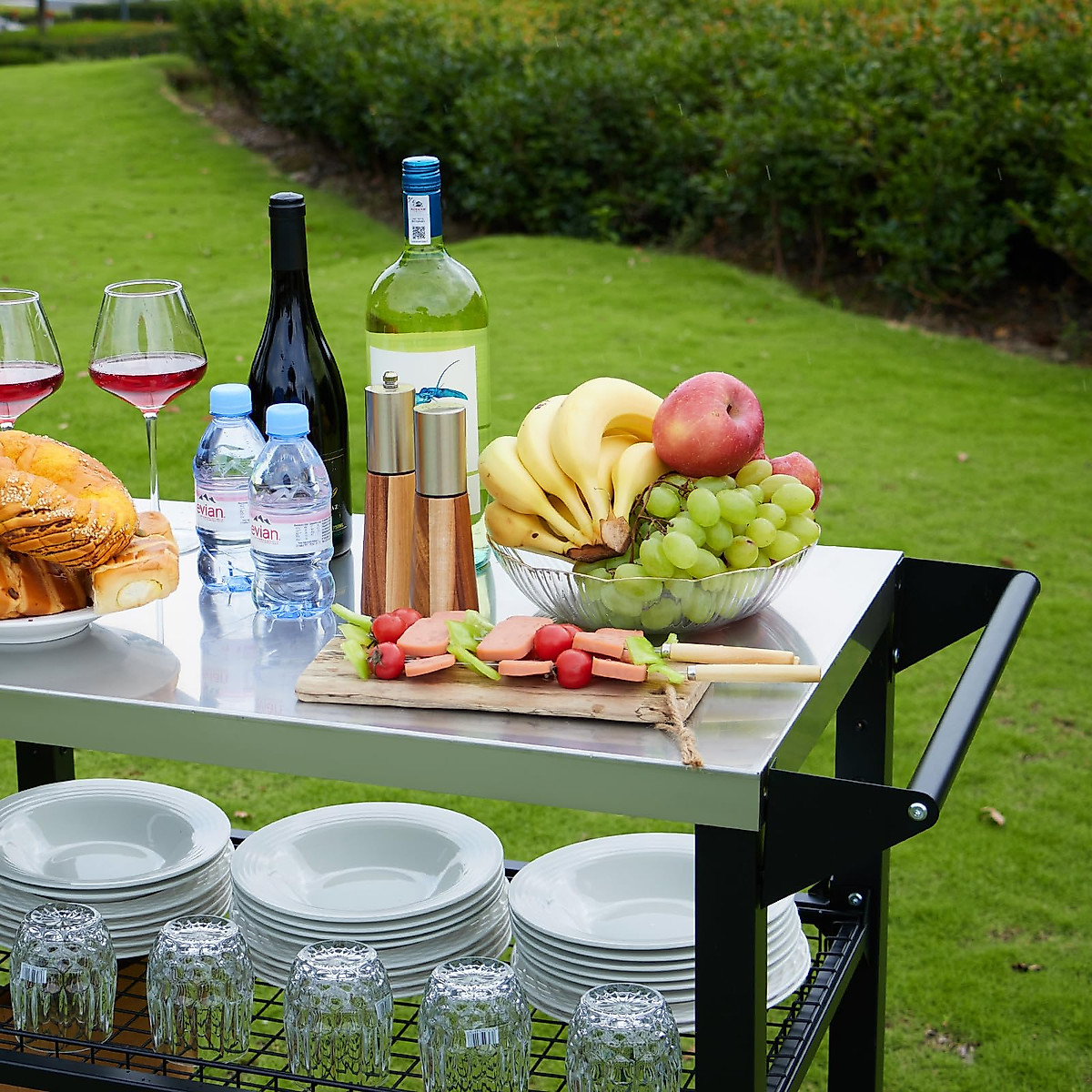 Polar Aurora Three-Shelf Movable Outdoor Grill Cart Pizza Oven Stand, Multifunctional Kitchen Food Prep Table with Drawer, Stainless Steel Desktop Dining Worktable on 4 Wheels & Seasoning Tray