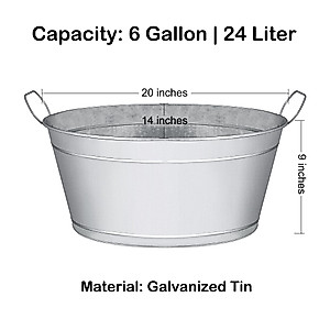 Large 6-Gallon Galvanized Tin Beverage Tub, 20x14x10 inches (Pack of 2)