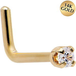 Body Candy Solid 14k Yellow Gold 2mm Clear Cubic Zirconia L Shaped Nose Stud Ring 18 Gauge 1/4"