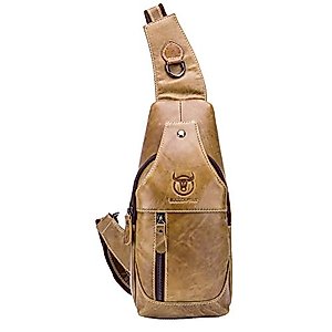 BULLKNIGHT Genuine Leather mens Chest Bag Casual Crossbody Bag Shoulder Sling Bag Travel Hiking Backpack HBK-XB019 (BROWN#2)