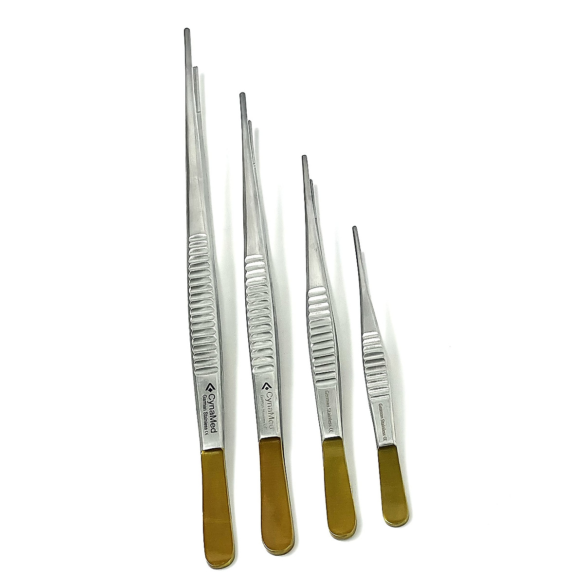German Set of 4 Each Debakey Forceps Serrated Narrow Tips for Atraumatic Veterinary Microscopy Dissection Comes in Gold Handle 6”+8”+10”+12”
