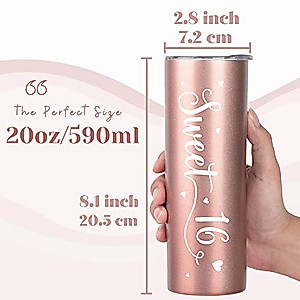 Onebttl Sweet 16 Gifts for Girls, Female, Her - Sweet Sixteen - 20oz/590ml Stainless Steel Insulated Tumbler with Straw, Lid, Message Card - (Rose Gold)