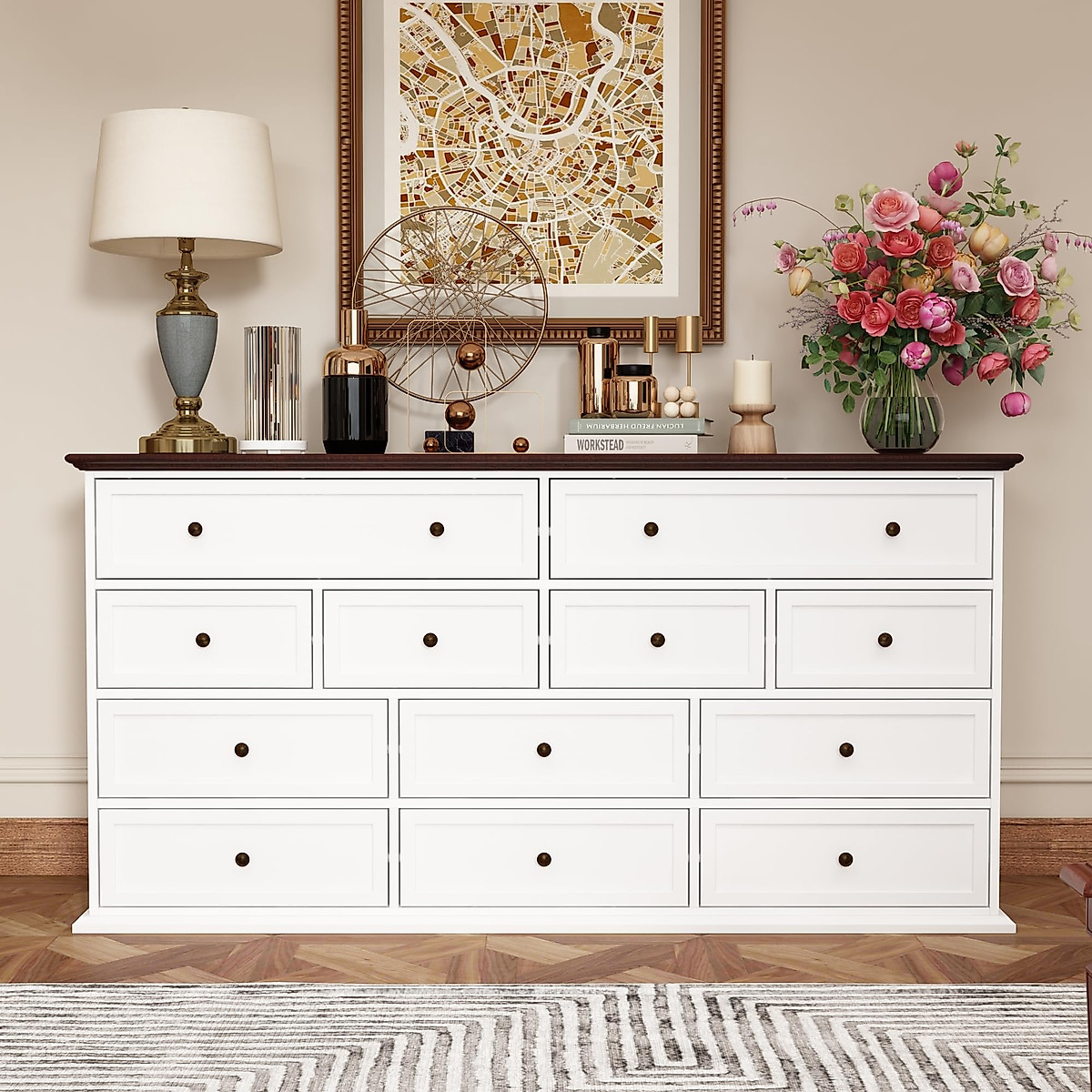 ECACAD Vintage Storage Dresser with 12 Drawers & Brown Top, 61" L Wood Double Dresser Chest of Drawers with Metal Handles for Bedroom, Living Room, White