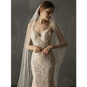 HEREAD Pearl Bride Wedding Veil White Fingertip Cathedral Bridal Tulle Veils Hair Accessories with Comb and Cut Edge (35.4“ Length)