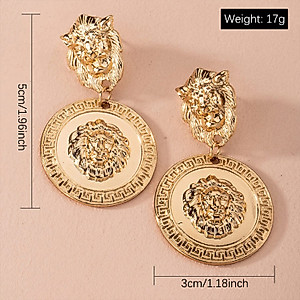 KaFu Statement Lion Head Earrings Big Coin Gold Circle Baroque Animal Dangle Earrings Vintage 80's Women Dainty Gift (large meatball)