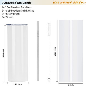 24 Pack Sublimation Tumblers Bulk 20 oz Skinny Straight, Sublimation Blanks Double Wall Stainless Steel Skinny Tumbler with Lid and Straw, Shrink Wrap Film, Individually Boxed, for Heat Press Machine